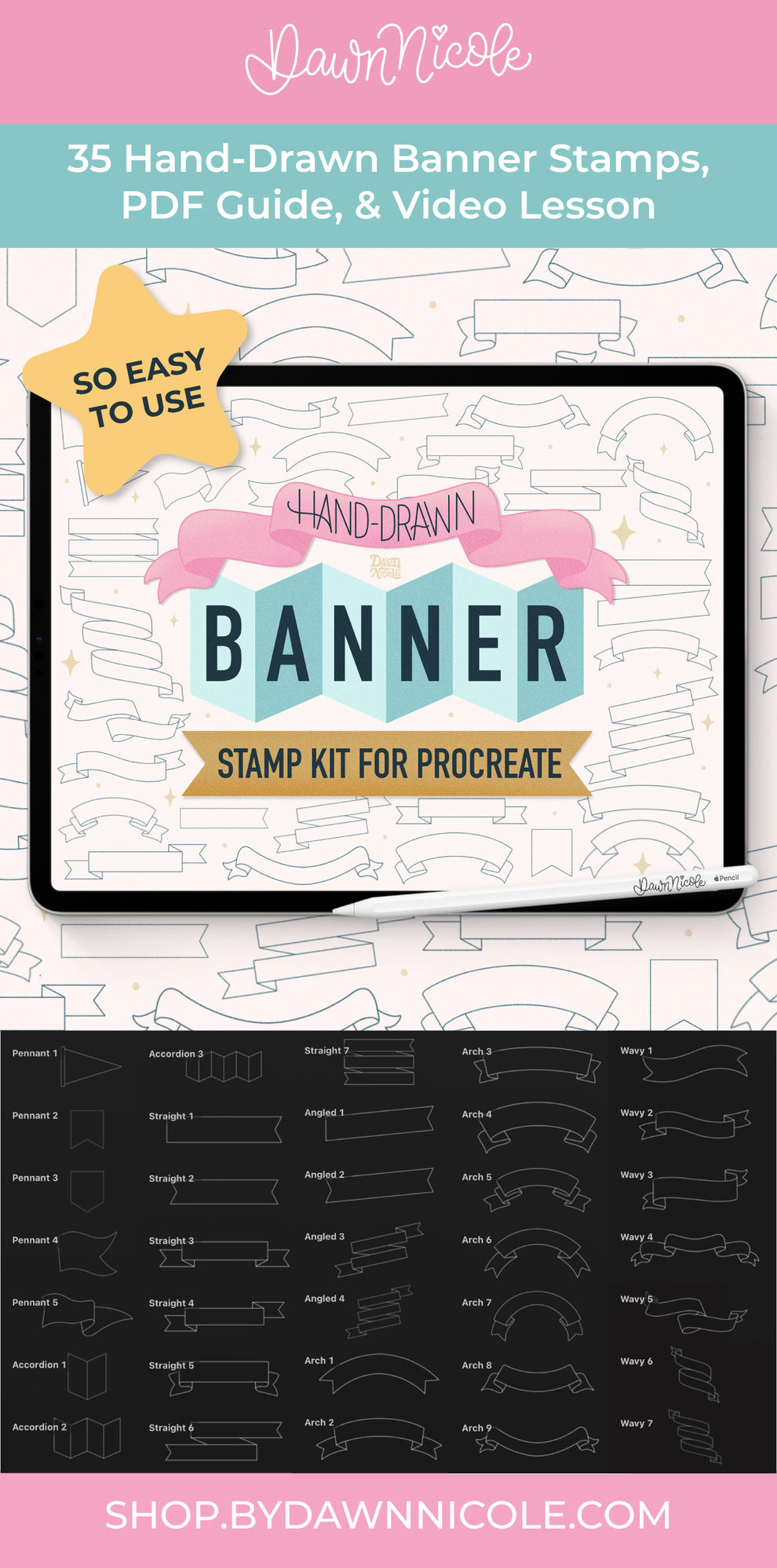 NEW! Hand-Drawn Banner Stamp Kit for Procreate – Dawn Nicole Lettering Shop
